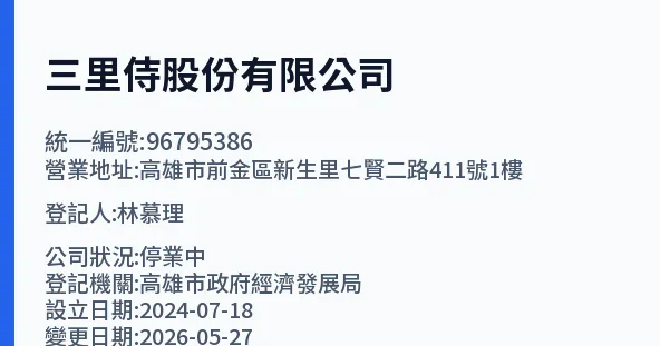 三里侍股份有限公司的照片-統編 96795386(高雄市) 公司登記資料與營業項目詳細圖表