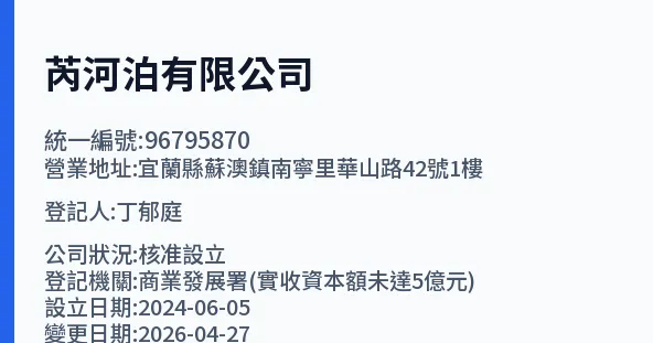 芮河泊有限公司的照片-統編 96795870(宜蘭縣) 公司登記資料與營業項目詳細圖表