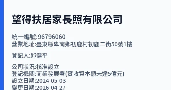 望得扶居家長照有限公司的照片-統編 96796060(臺東縣) 公司登記資料與營業項目詳細圖表