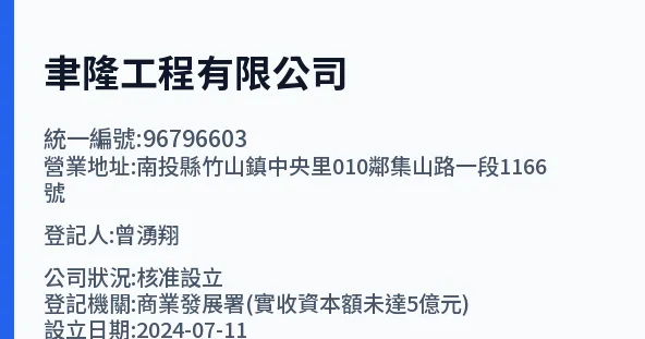 聿隆工程有限公司的照片-統編 96796603(南投縣) 公司登記資料與營業項目詳細圖表