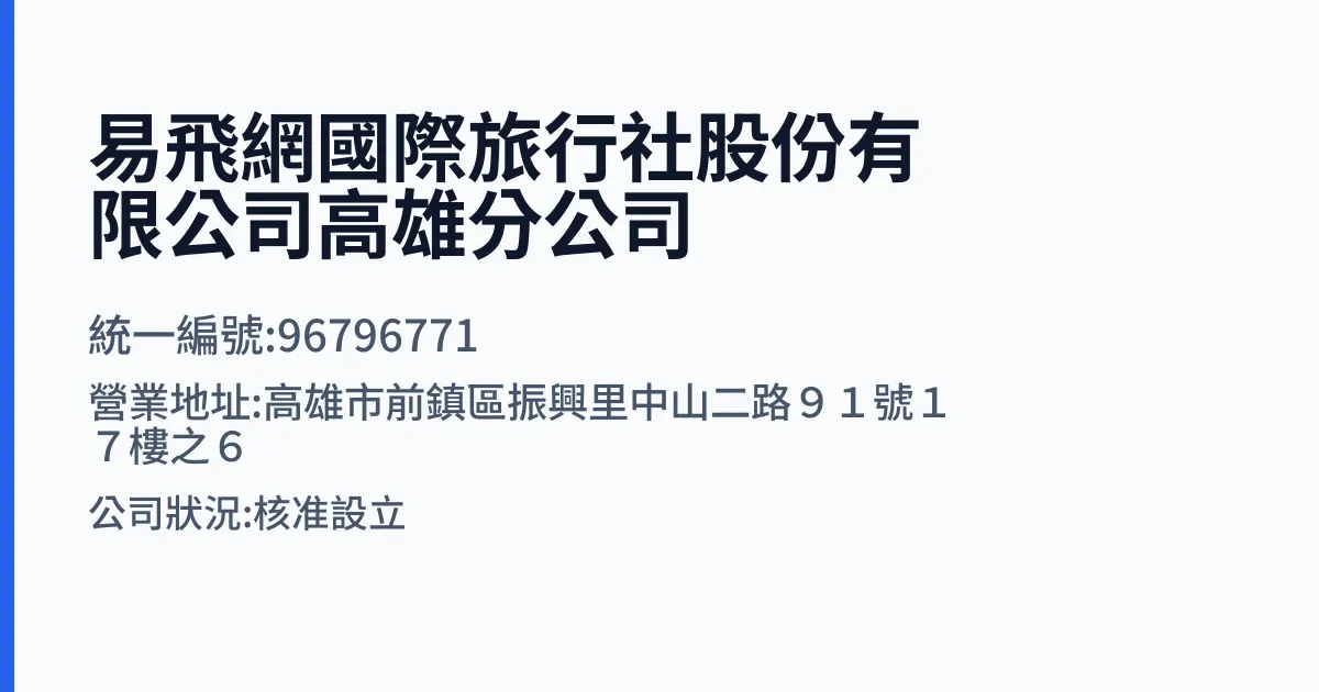 易飛網國際旅行社股份有限公司高雄分公司 - 統編 96796771(高雄市) 公司登記資料與營業項目詳細圖表