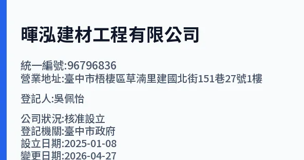 暉泓建材工程有限公司的照片-統編 96796836(臺中市) 公司登記資料與營業項目詳細圖表