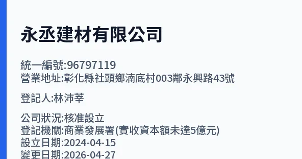 永丞建材有限公司的照片-統編 96797119(彰化縣) 公司登記資料與營業項目詳細圖表
