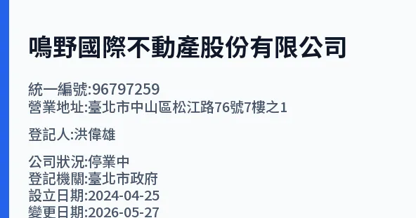鳴野國際不動產股份有限公司的照片-統編 96797259(臺北市) 公司登記資料與營業項目詳細圖表