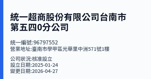 統一超商股份有限公司台南市第五四0分公司的照片-統編 96797552(臺南市) 公司登記資料與營業項目詳細圖表