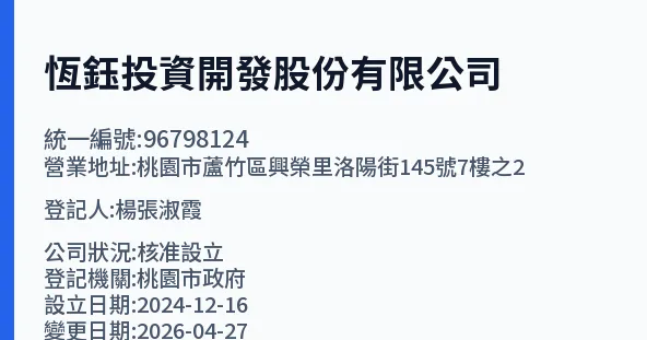 恆鈺投資開發股份有限公司的照片-統編 96798124(桃園市) 公司登記資料與營業項目詳細圖表