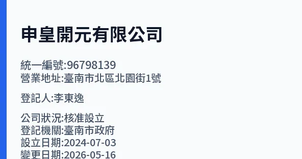 申皇開元有限公司的照片-統編 96798139(臺南市) 公司登記資料與營業項目詳細圖表