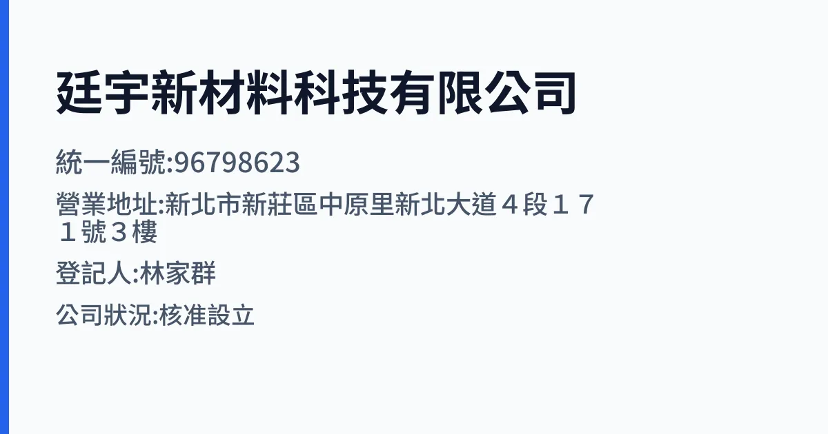 廷宇新材料科技有限公司 - 統編 96798623(新北市) 公司登記資料與營業項目詳細圖表