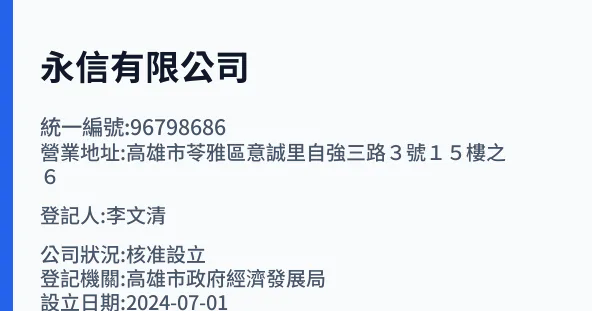 永信有限公司的照片-統編 96798686(高雄市) 公司登記資料與營業項目詳細圖表