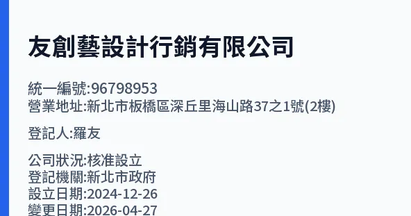 友創藝設計行銷有限公司的照片-統編 96798953(新北市) 公司登記資料與營業項目詳細圖表