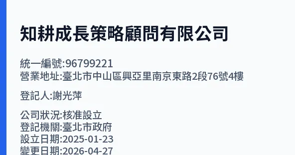 知耕成長策略顧問有限公司的照片-統編 96799221(臺北市) 公司登記資料與營業項目詳細圖表
