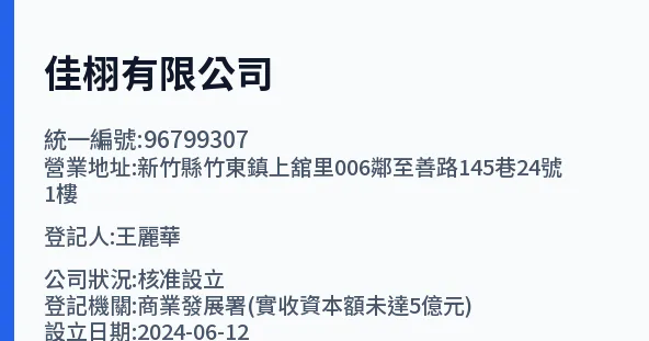 佳栩有限公司的照片-統編 96799307(新竹縣) 公司登記資料與營業項目詳細圖表
