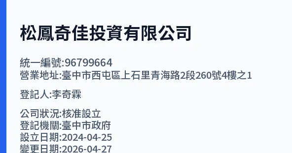 松鳳奇佳投資有限公司的照片-統編 96799664(臺中市) 公司登記資料與營業項目詳細圖表