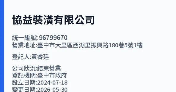 協益裝潢有限公司的照片-統編 96799670(臺中市) 公司登記資料與營業項目詳細圖表