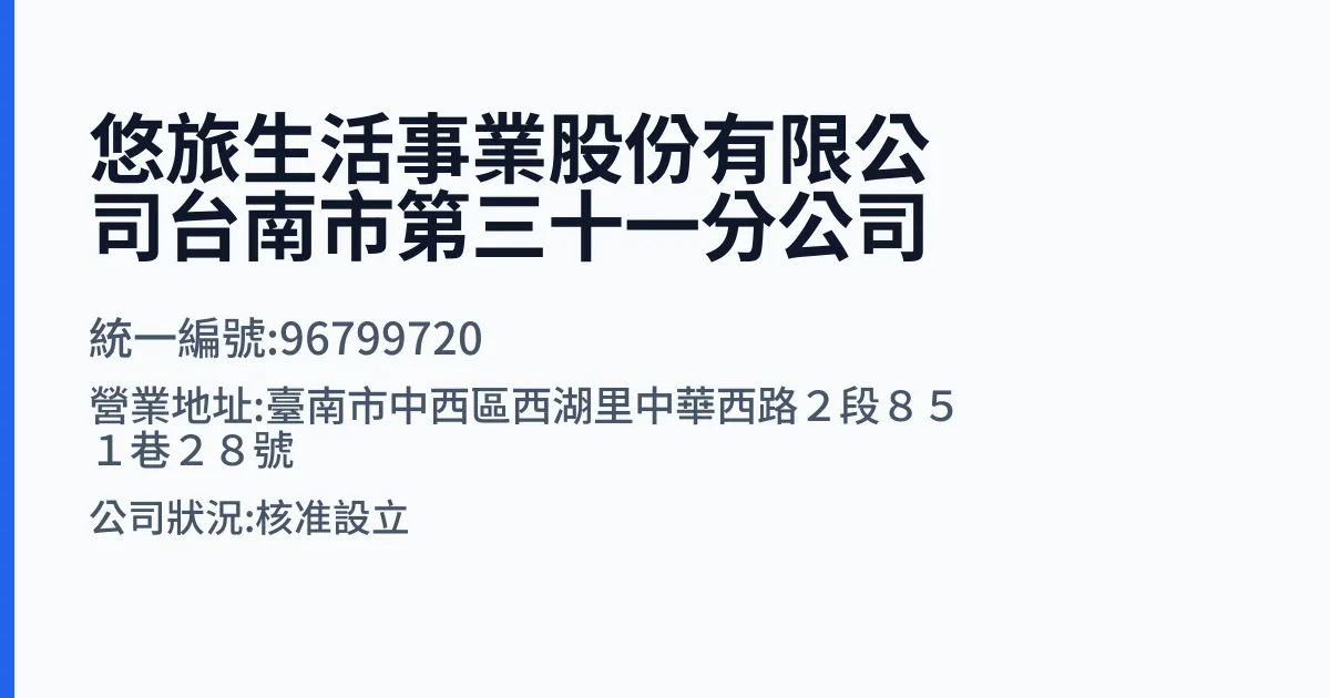 悠旅生活事業股份有限公司台南市第三十一分公司 - 統編 96799720(臺南市) 公司登記資料與營業項目詳細圖表