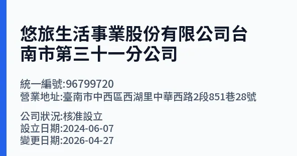 悠旅生活事業股份有限公司台南市第三十一分公司的照片-統編 96799720(臺南市) 公司登記資料與營業項目詳細圖表