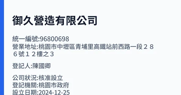 御久營造有限公司的照片-統編 96800698(桃園市) 公司登記資料與營業項目詳細圖表