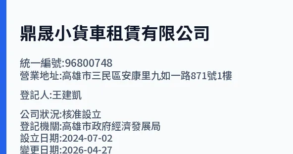 鼎晟小貨車租賃有限公司的照片-統編 96800748(高雄市) 公司登記資料與營業項目詳細圖表