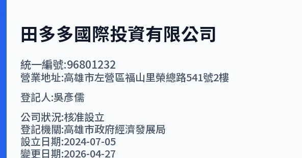 田多多國際投資有限公司的照片-統編 96801232(高雄市) 公司登記資料與營業項目詳細圖表