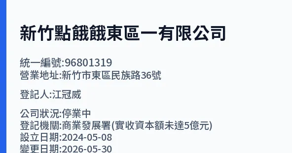 新竹點餓餓東區一有限公司的照片-統編 96801319(新竹市) 公司登記資料與營業項目詳細圖表