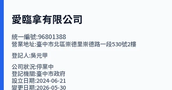 愛臨拿有限公司的照片-統編 96801388(臺中市) 公司登記資料與營業項目詳細圖表