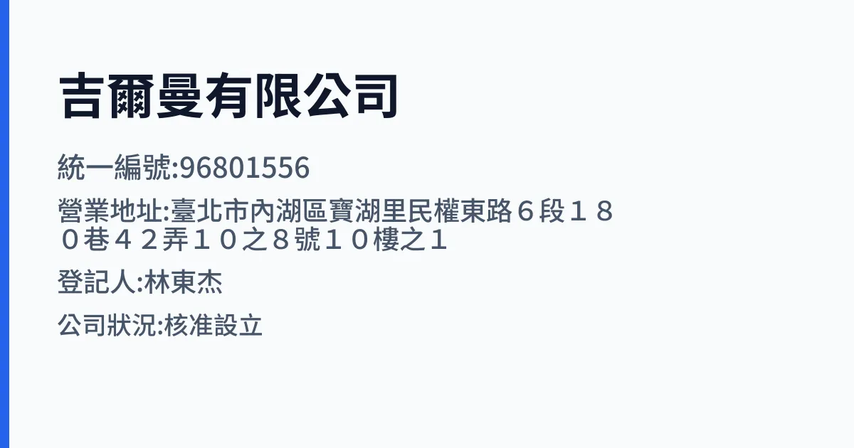 吉爾曼有限公司 - 統編 96801556（臺北市） 公司登記資料與營業項目詳細圖表