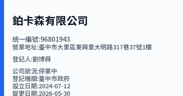 鉑卡森有限公司的照片-統編 96801943(臺中市) 公司登記資料與營業項目詳細圖表