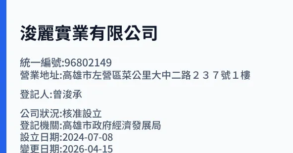 浚麗實業有限公司的照片-統編 96802149(高雄市) 公司登記資料與營業項目詳細圖表