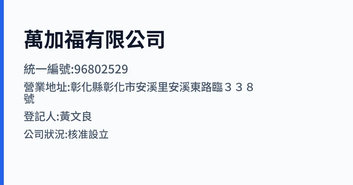 萬加福有限公司 - 統編 96802529(彰化縣) 公司登記資料與營業項目詳細圖表