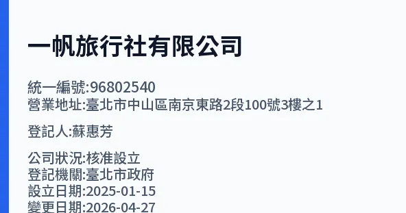 一帆旅行社有限公司的照片-統編 96802540(臺北市) 公司登記資料與營業項目詳細圖表