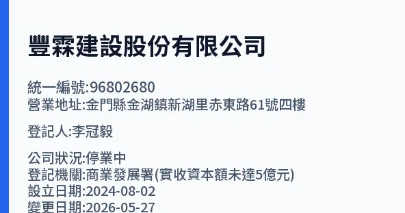 豐霖建設股份有限公司的照片-統編 96802680(金門縣) 公司登記資料與營業項目詳細圖表