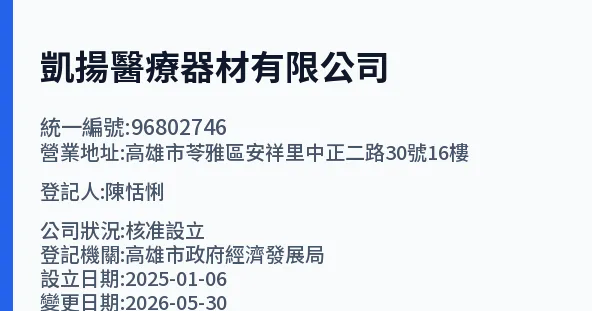 凱揚醫療器材有限公司的照片-統編 96802746(高雄市) 公司登記資料與營業項目詳細圖表