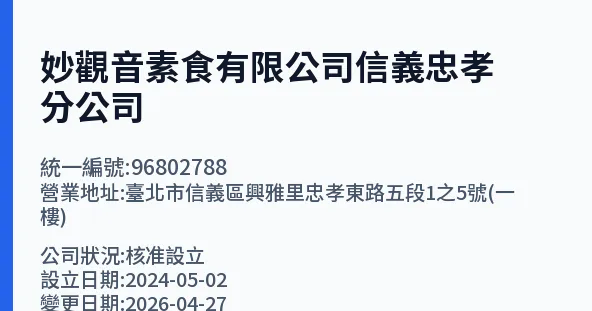 妙觀音素食有限公司信義忠孝分公司的照片-統編 96802788(臺北市) 公司登記資料與營業項目詳細圖表