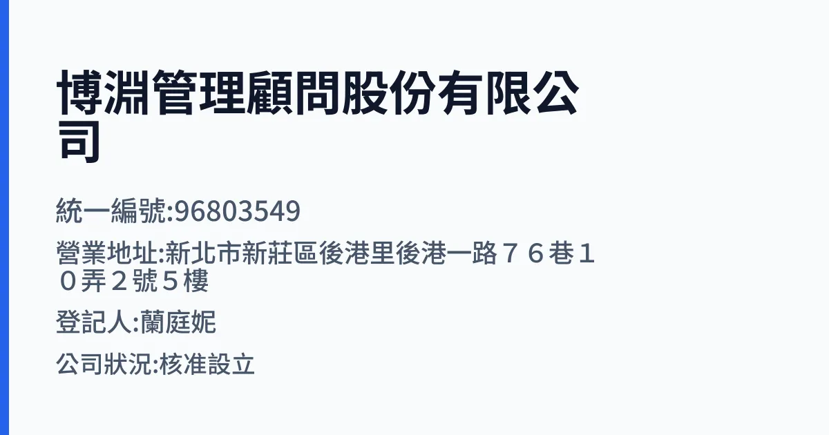 博淵管理顧問股份有限公司 - 統編 96803549(新北市) 公司登記資料與營業項目詳細圖表