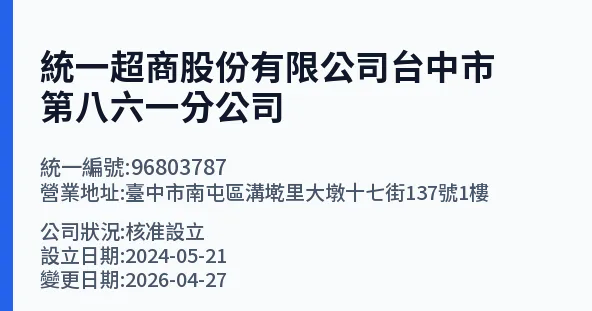 統一超商股份有限公司台中市第八六一分公司的照片-統編 96803787(臺中市) 公司登記資料與營業項目詳細圖表