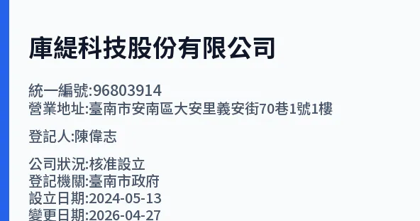 庫緹科技股份有限公司的照片-統編 96803914(臺南市) 公司登記資料與營業項目詳細圖表