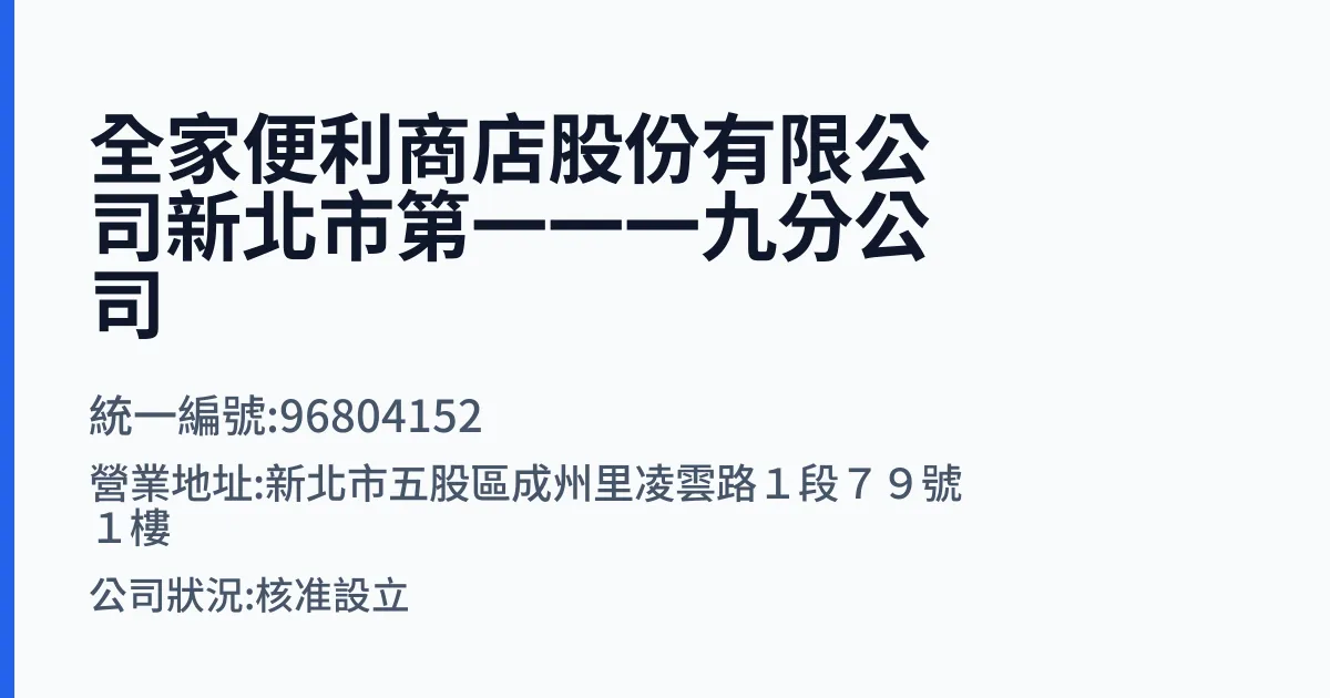 全家便利商店股份有限公司新北市第一一一九分公司 - 統編 96804152(新北市) 公司登記資料與營業項目詳細圖表