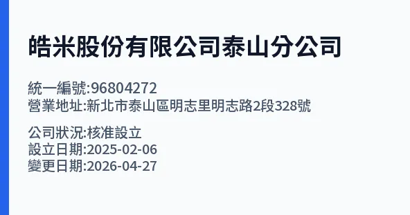 皓米股份有限公司泰山分公司的照片-統編 96804272(新北市) 公司登記資料與營業項目詳細圖表