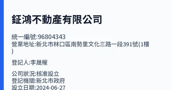 鉦鴻不動產有限公司的照片-統編 96804343(新北市) 公司登記資料與營業項目詳細圖表