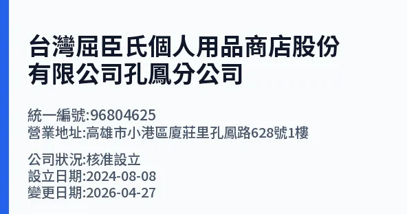 台灣屈臣氏個人用品商店股份有限公司孔鳳分公司的照片-統編 96804625(高雄市) 公司登記資料與營業項目詳細圖表