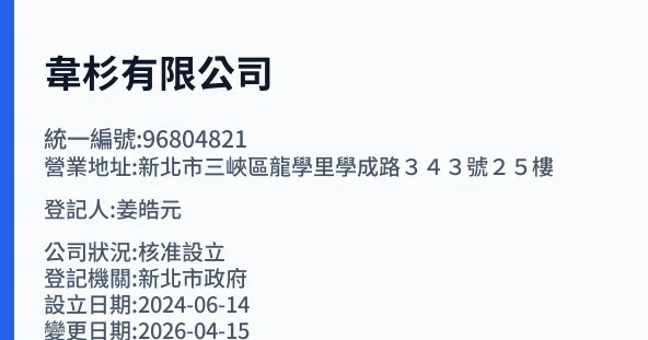 韋杉有限公司的照片-統編 96804821(新北市) 公司登記資料與營業項目詳細圖表