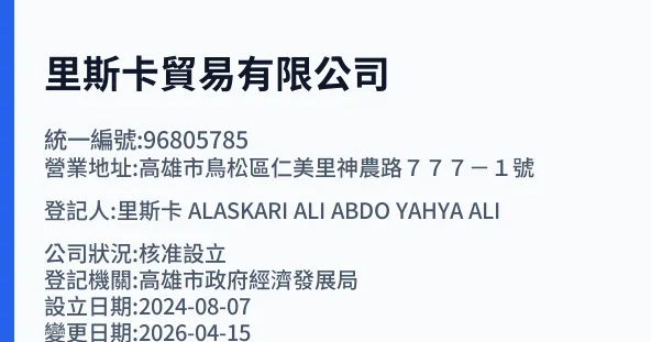 里斯卡貿易有限公司的照片-統編 96805785(高雄市) 公司登記資料與營業項目詳細圖表