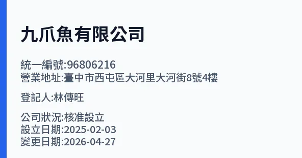九爪魚有限公司的照片-統編 96806216(臺中市) 公司登記資料與營業項目詳細圖表