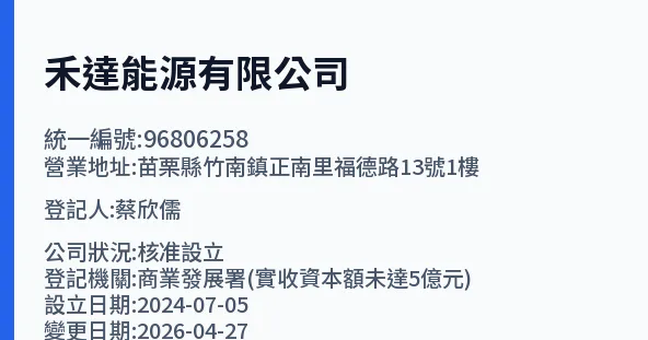 禾達能源有限公司的照片-統編 96806258(苗栗縣) 公司登記資料與營業項目詳細圖表