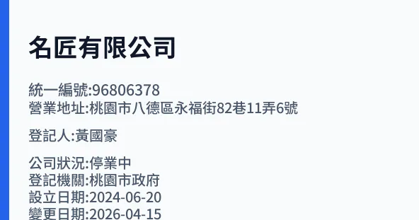 名匠有限公司的照片-統編 96806378(桃園市) 公司登記資料與營業項目詳細圖表