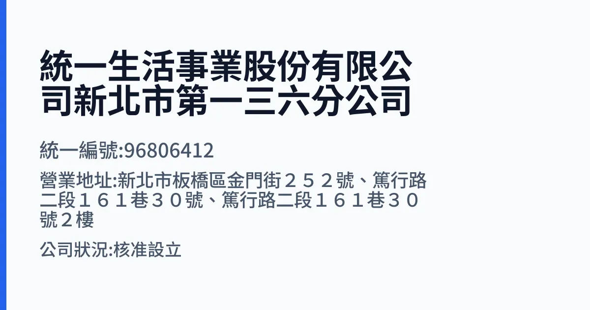 統一生活事業股份有限公司新北市第一三六分公司 - 統編 96806412(新北市) 公司登記資料與營業項目詳細圖表