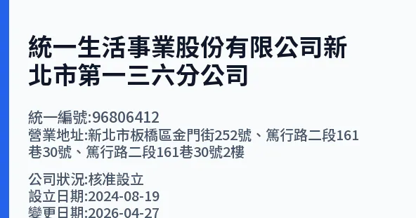 統一生活事業股份有限公司新北市第一三六分公司的照片-統編 96806412(新北市) 公司登記資料與營業項目詳細圖表
