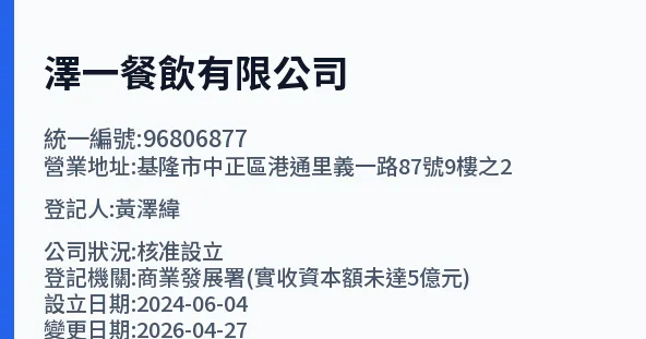 澤一餐飲有限公司的照片-統編 96806877(基隆市) 公司登記資料與營業項目詳細圖表