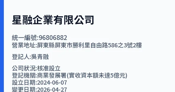 星融企業有限公司的照片-統編 96806882(屏東縣) 公司登記資料與營業項目詳細圖表