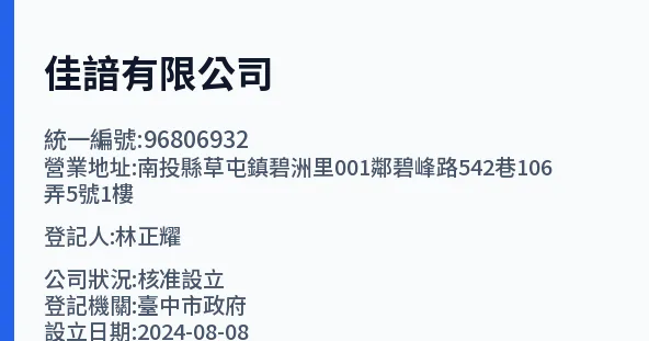 佳諳有限公司的照片-統編 96806932(南投縣) 公司登記資料與營業項目詳細圖表